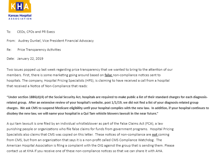 Price Transparency Activities Letter - ClearHealthCosts