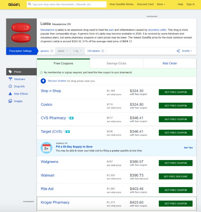 Lialda Cost at various pharmacies online - ClearHealthCosts